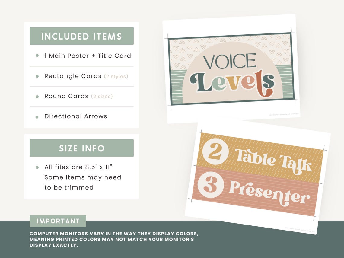 Voice Level Chart Classroom Printable Display, Editable in Canva, Boho ...