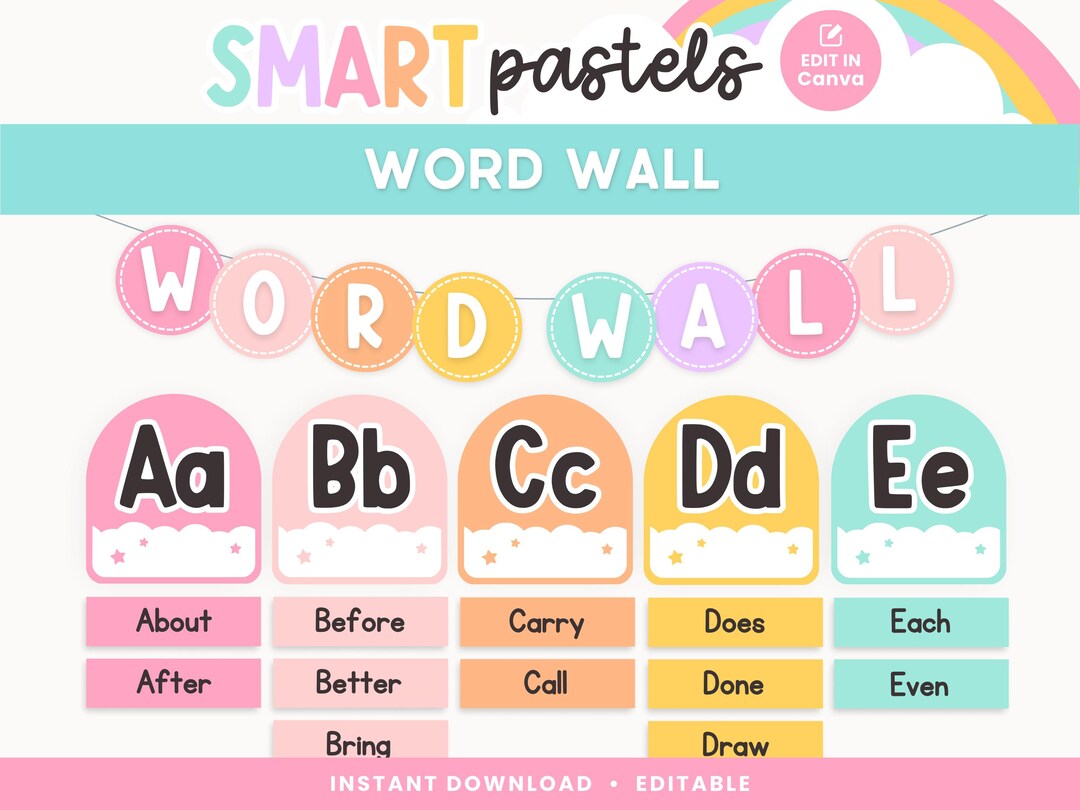 Classroom Word Wall Display, Editable Pastel Canva Templates, Bright ...
