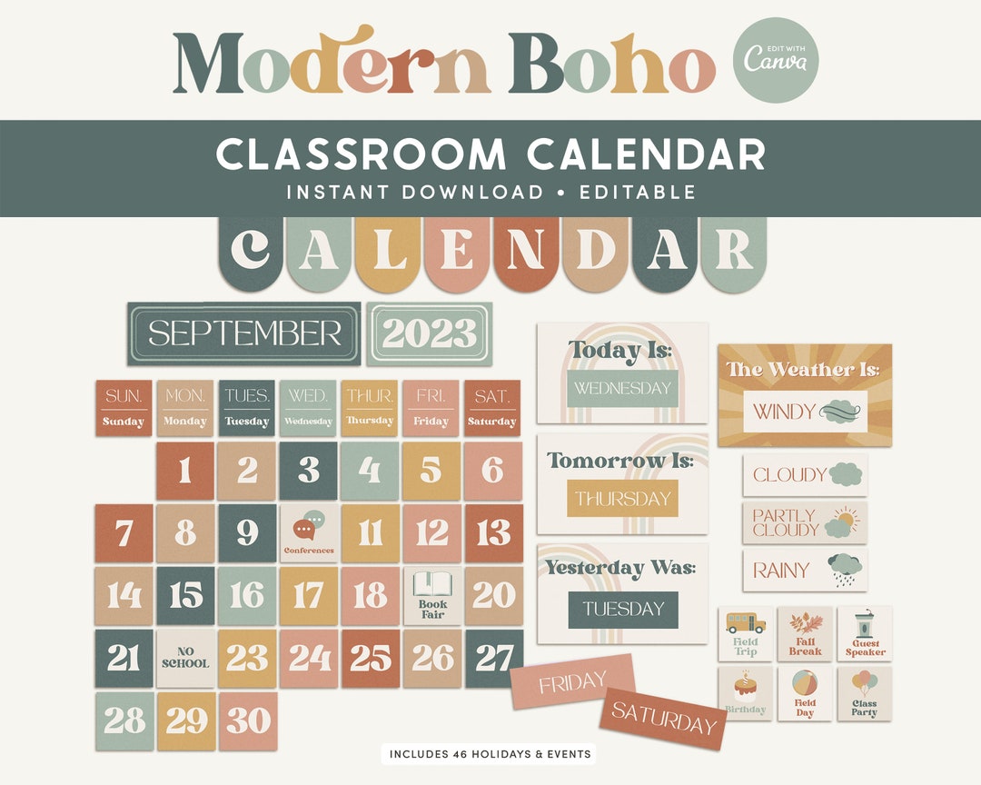 Classroom Calendar Display and Weather Station, Printable Modern Boho ...