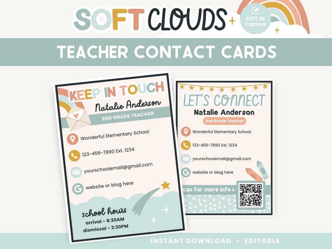 Teacher Contact Cards Classroom Printable Template, Teacher ...