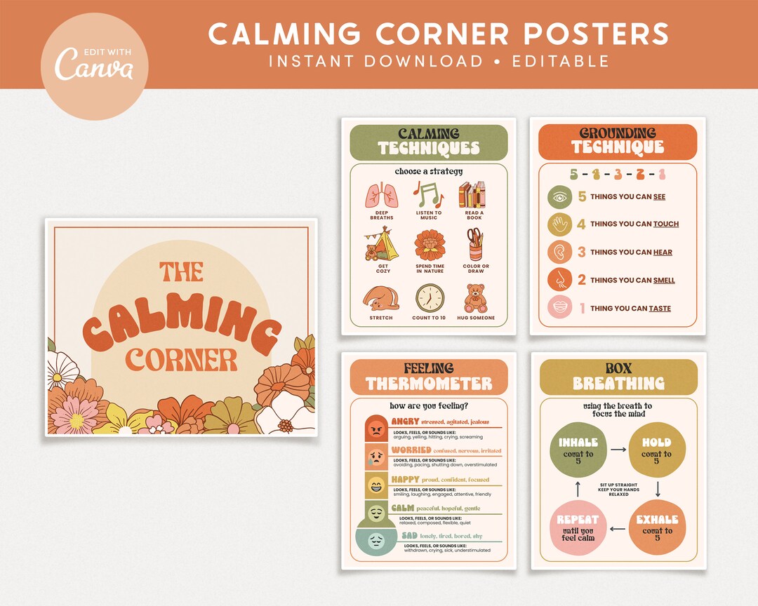 Calming Corner Editable Classroom Printables, Calm Down Skills, Canva ...