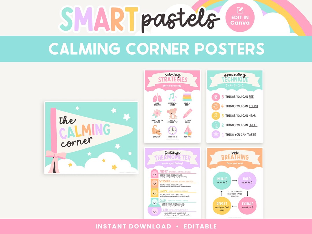 Calming Corner Editable Classroom Printables, Calm Down Skills, Bright ...