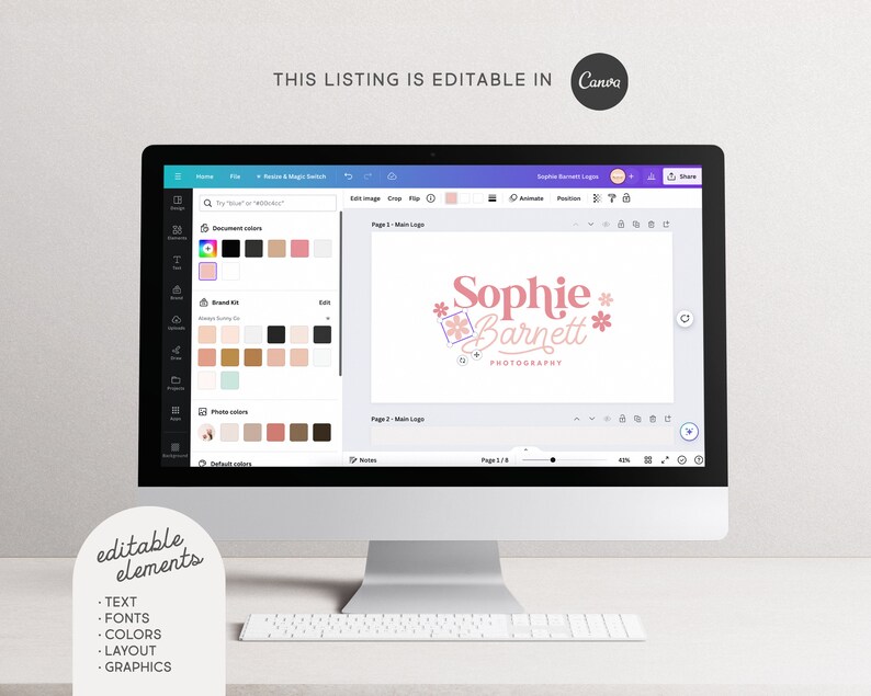 Editable Canva DIY Modern Boho Logo: Elegant Pink Flower Groovy Design ...