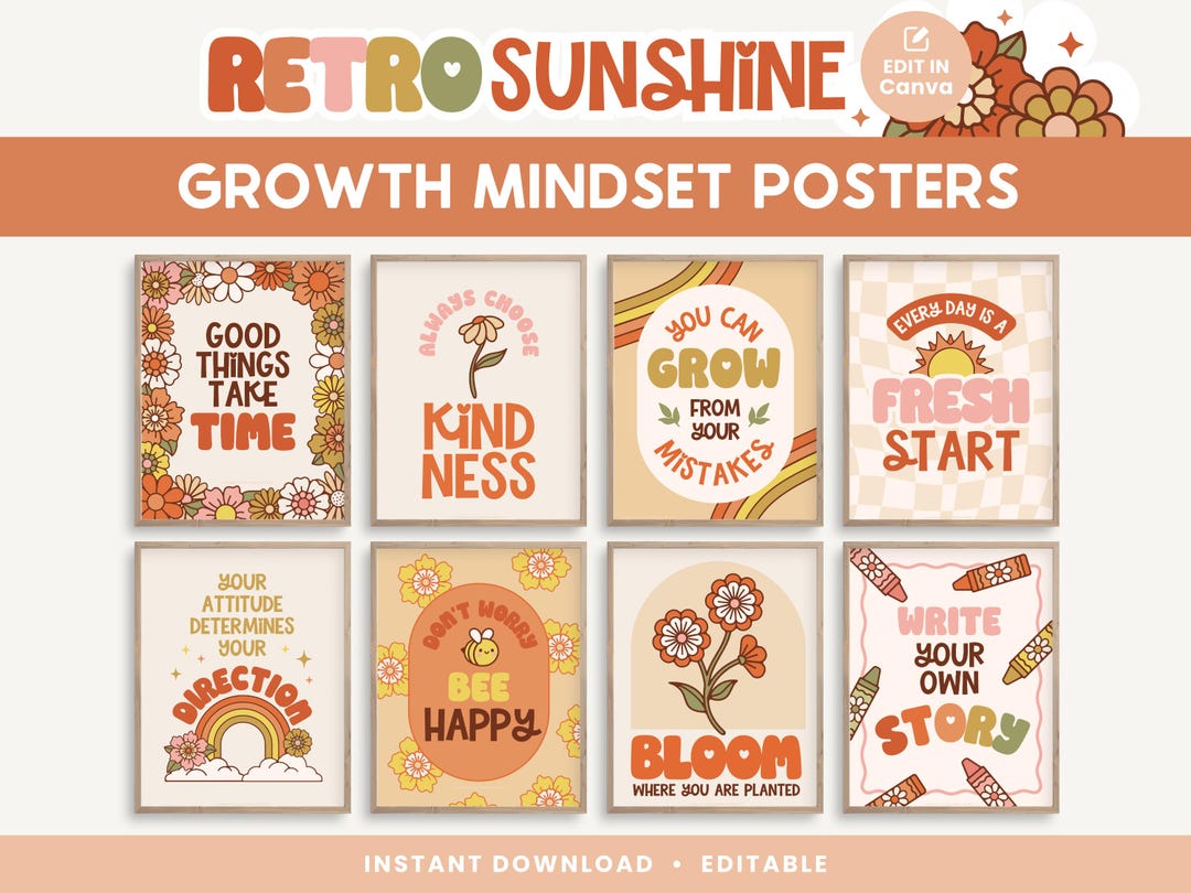 Growth Mindset Editable Classroom Printable Posters, Retro Sunshine ...