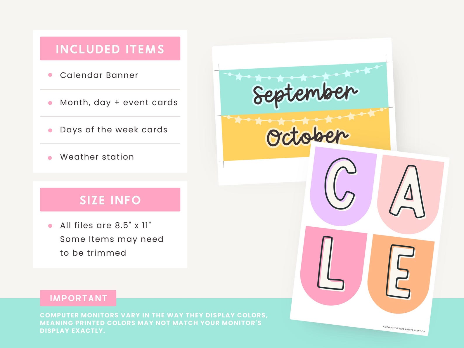 Classroom Calendar Display and Weather Station, Printable Bright Pastel ...