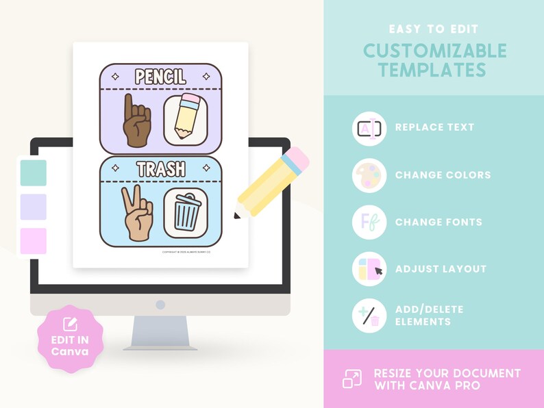 Classroom Hand Signals Poster Display, Editable in Canva, Pastel ...