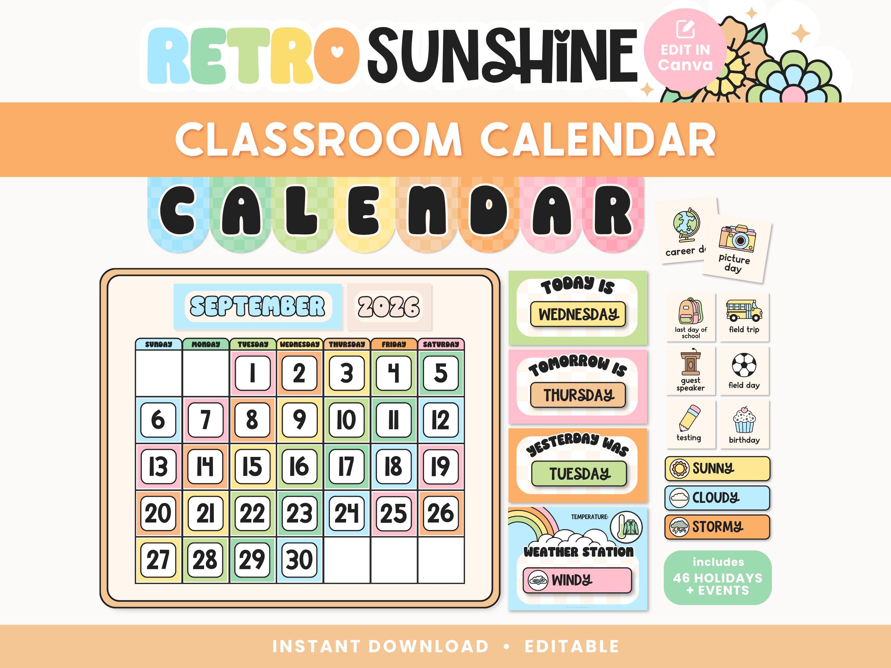 Retro Sunshine Editable Classroom Calendar | Canva Template | Bulletin ...