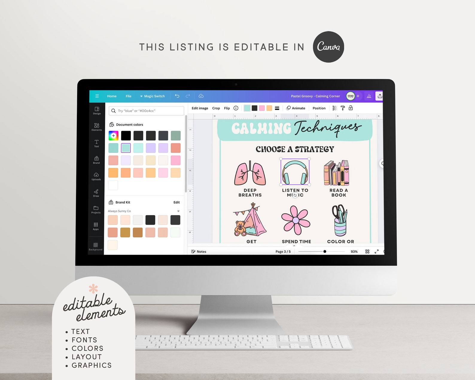 Calming Corner Editable Classroom Printables, Calm Down Skills, Canva ...