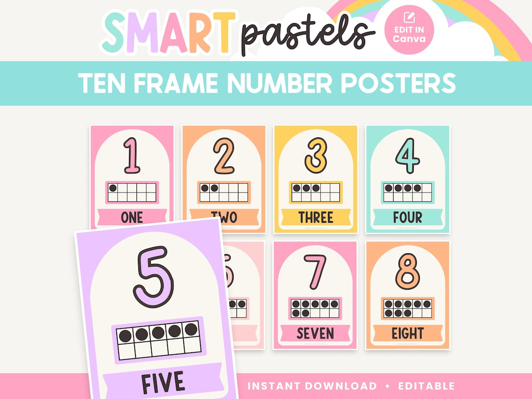 Number Ten Frames Classroom Editable Posters, Bright Pastels Counting ...