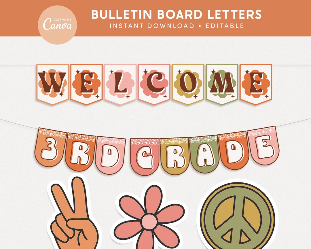 Classroom Bulletin Board Letters, Editable in Canva, Groovy Retro ...