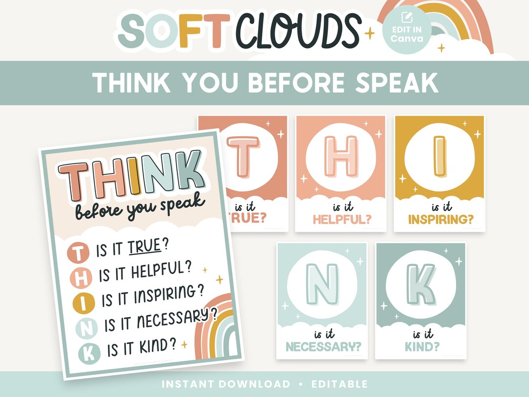 Editable Think Classroom Printable Posters, Think Before You Speak ...