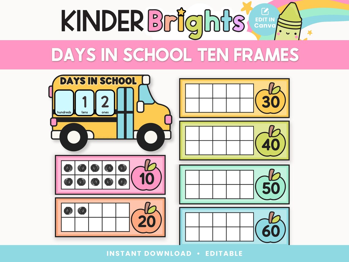 Classroom Days in School Ten Frames Printable Display, Editable in ...