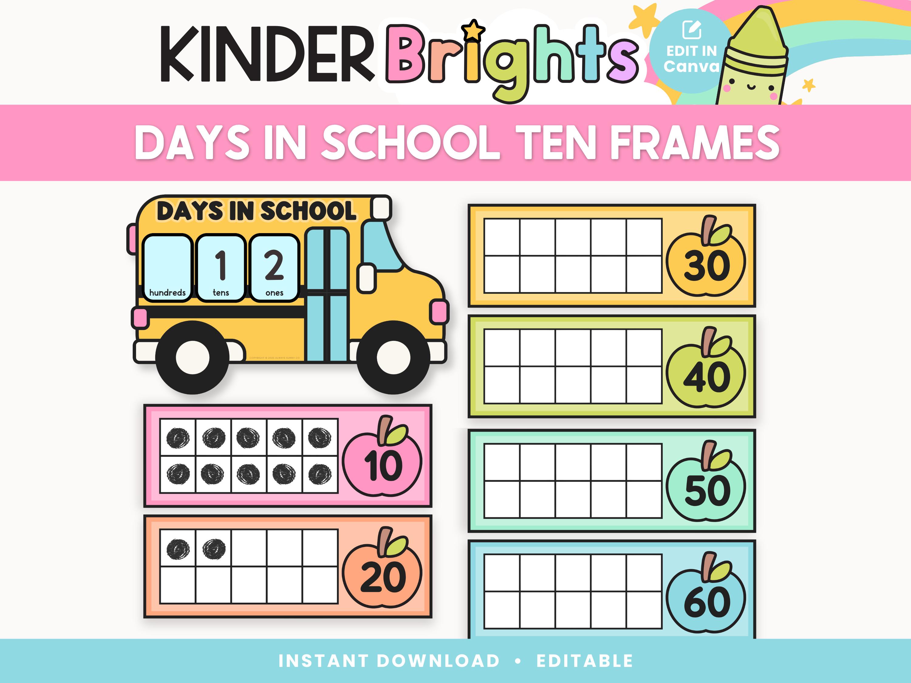Classroom Days in School Ten Frames Printable Display, Editable in ...