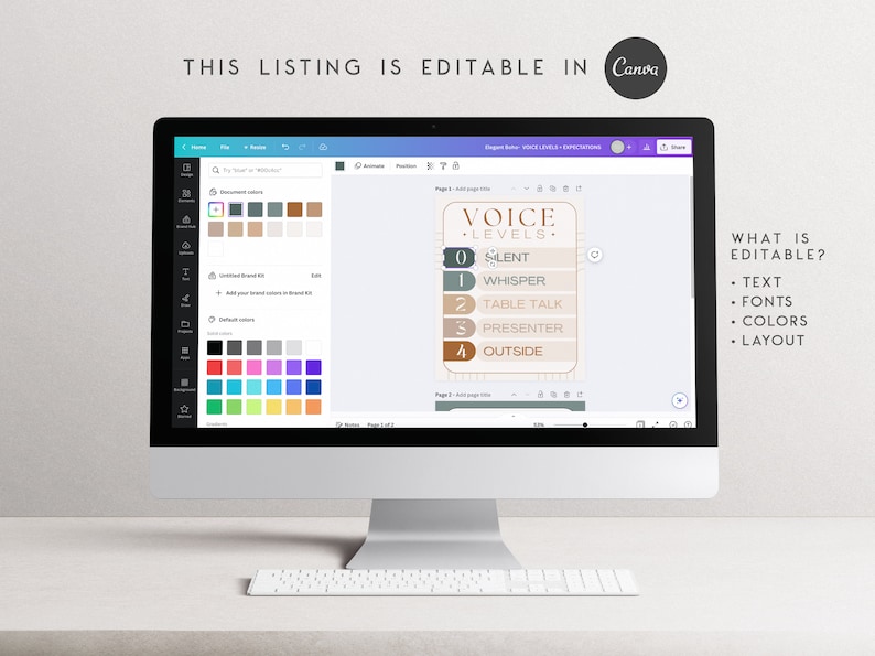 Voice Level Chart Classroom Printable Poster, Editable in Canva, Boho ...