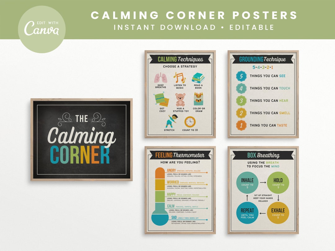 Calming Corner Editable Classroom Printables, Calm Down Skills, Canva ...