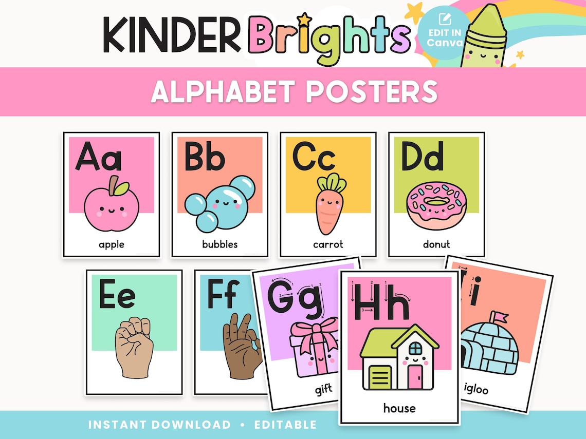 Alphabet Classroom Editable Posters, ASL Letter Templates, Cute Rainbow ...