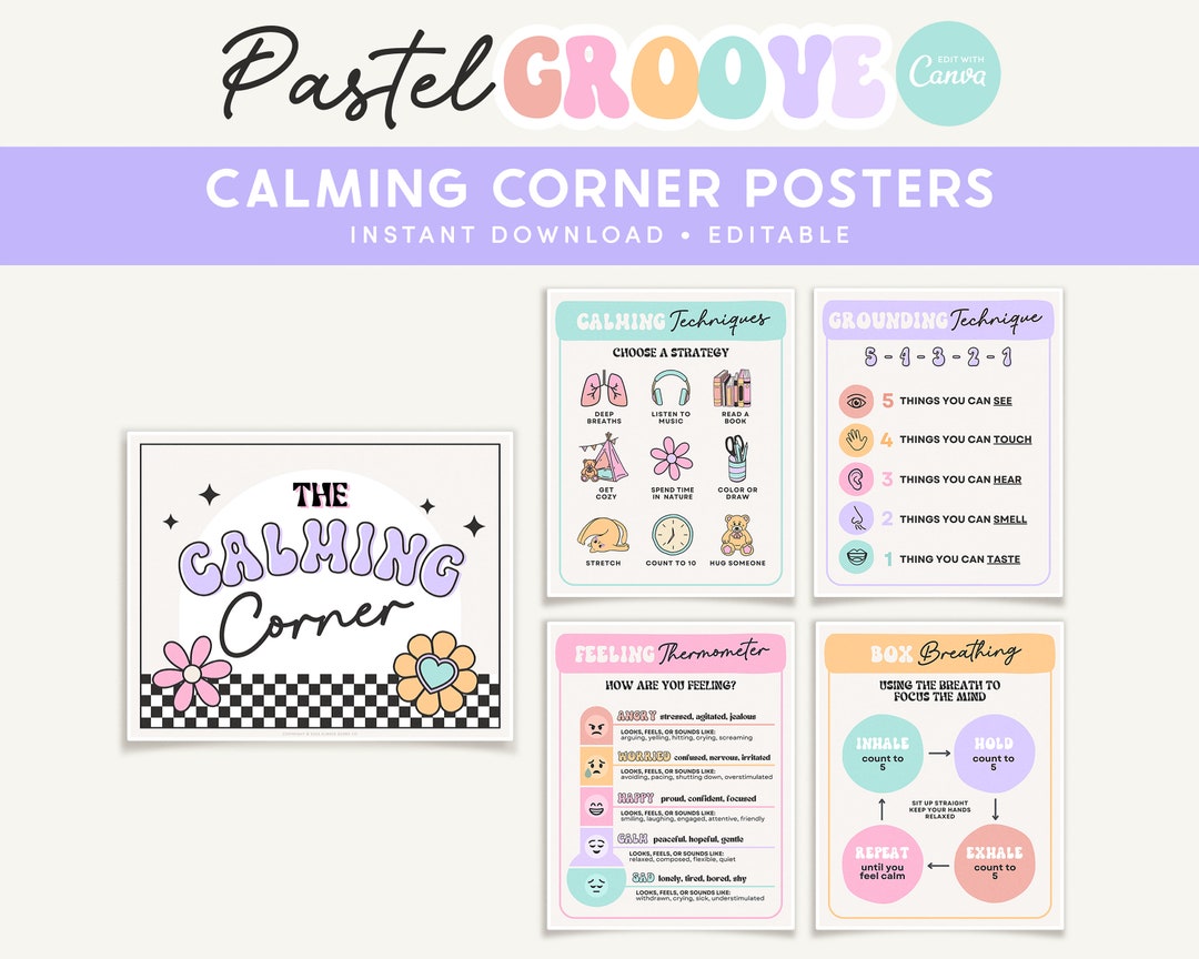 Calming Corner Editable Classroom Printables, Calm Down Skills, Canva ...