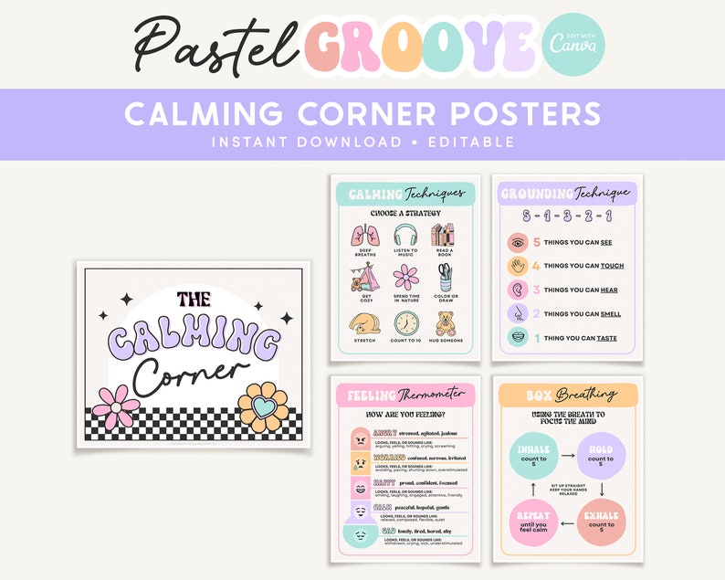 Calming Corner Editable Classroom Printables, Calm Down Skills, Canva ...