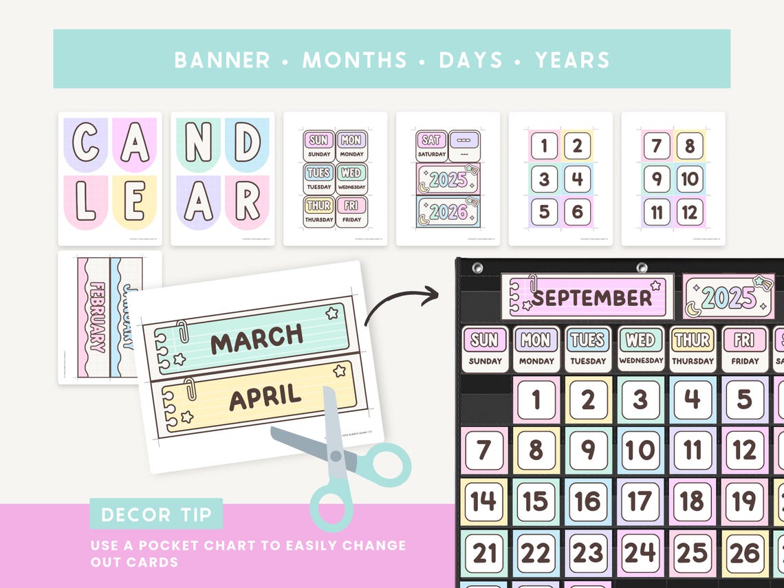 Classroom Calendar Display and Weather Station, Printable Cute Pastel ...