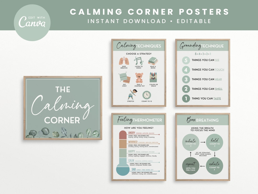 Calming Corner Editable Classroom Printables, Calm Down Skills, Canva ...