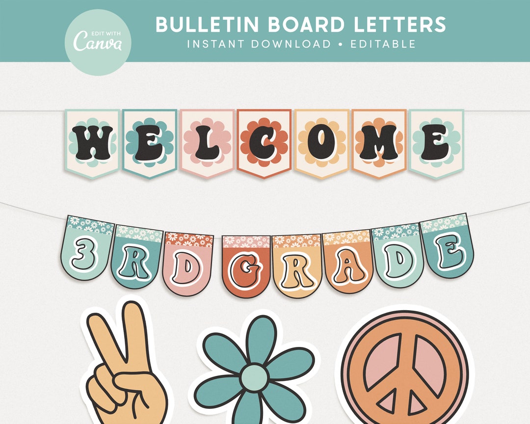 Classroom Bulletin Board Letters, Editable in Canva, Groovy Retro ...