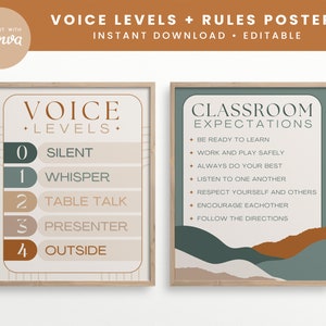 Voice Level Chart Classroom Printable Poster, Editable in Canva, Boho ...