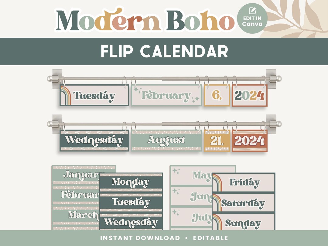 Classroom Flip Calendar Display, Modern Boho Classroom Decor, Editable ...