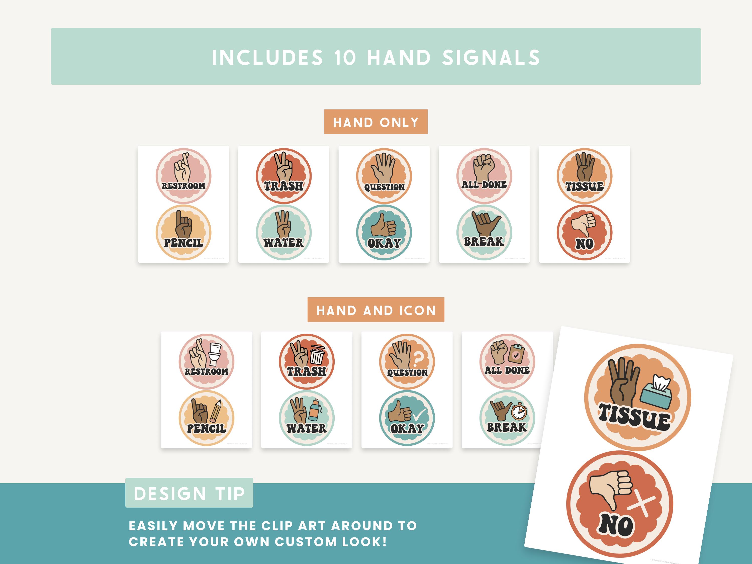 Classroom Hand Signals Poster Display, Editable in Canva, Retro Groovy ...
