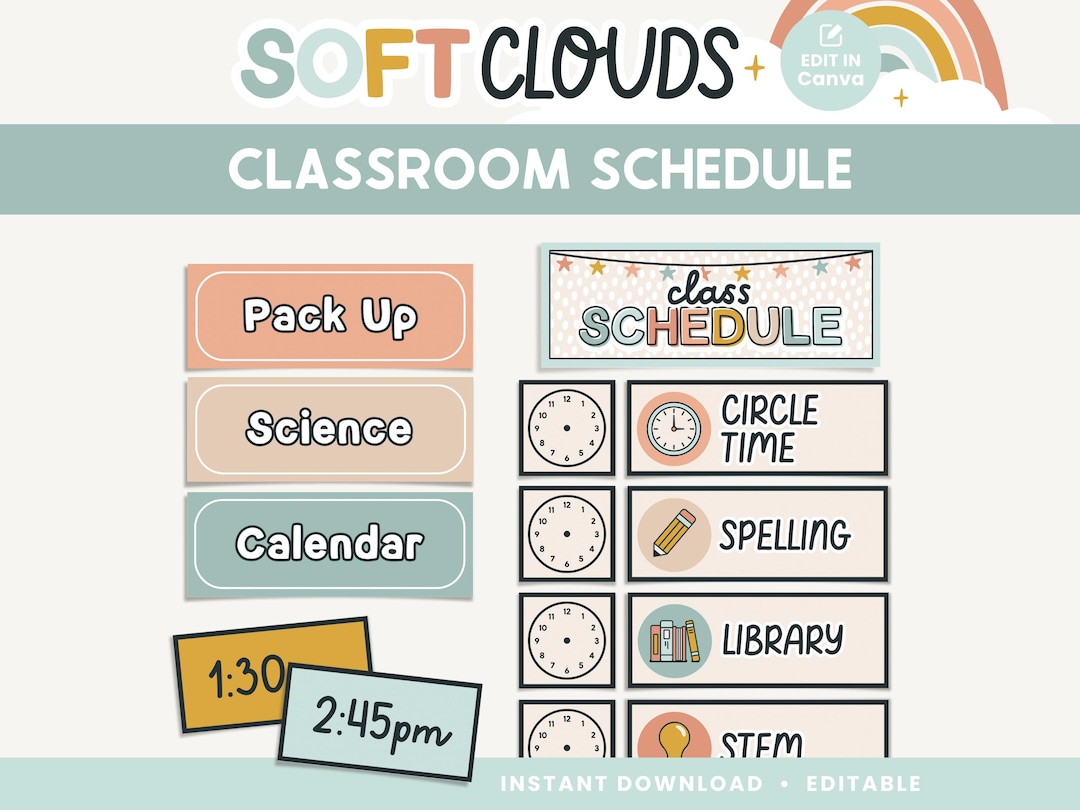Classroom Schedule, Editable Pastel Canva Template, Soft Clouds Cute ...