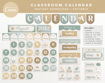 Classroom Calendar Display and Weather Station, Printable Modern Boho ...