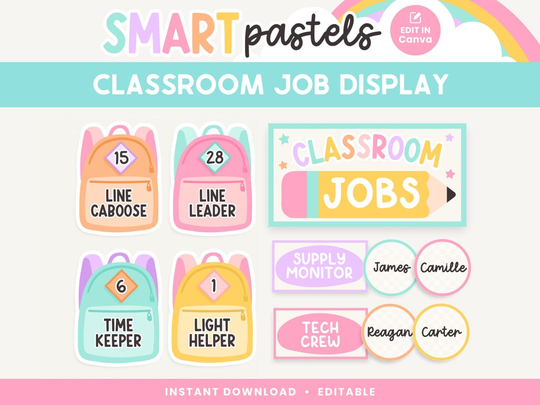 Classroom Job Display, Editable Retro Canva Templates, Bright Pastel ...