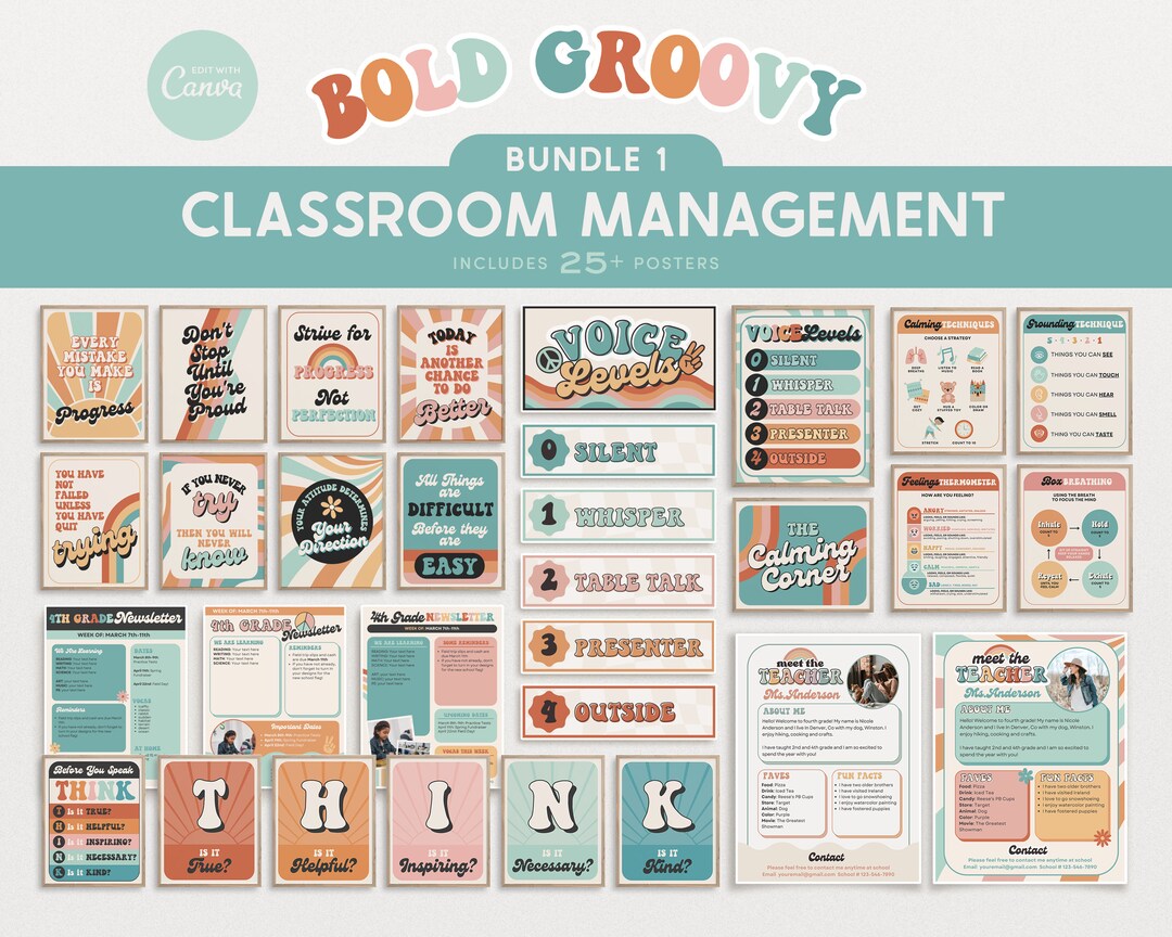 Editable Classroom Management Printable Bundle, Groovy Retro Growth ...
