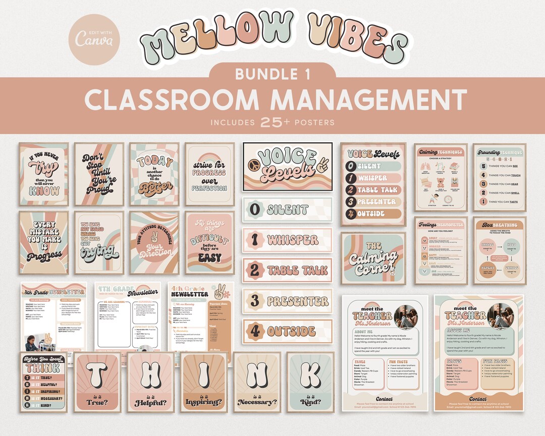 Editable Classroom Management Printables Bundle, Retro Boho Canva ...