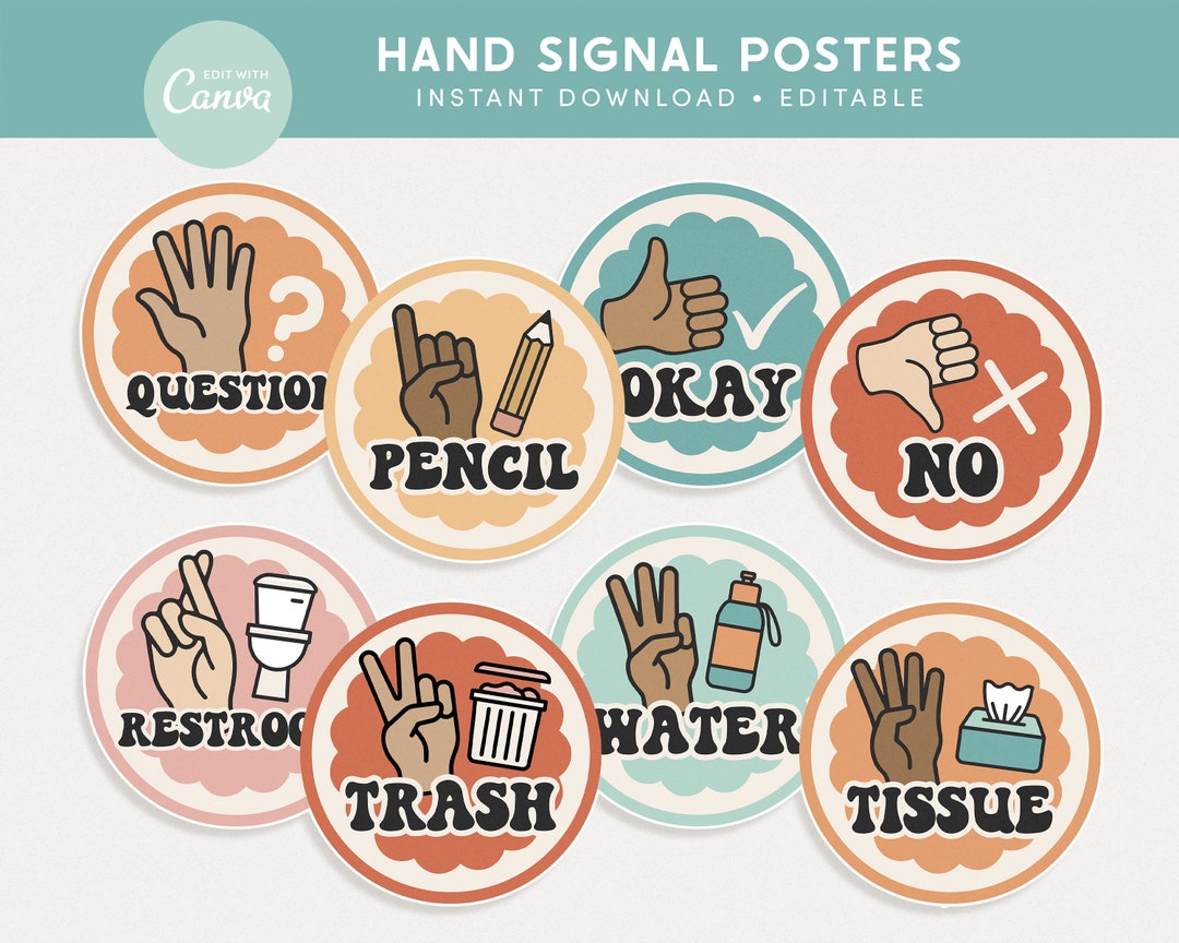 Classroom Hand Signals Poster Display, Editable in Canva, Retro Groovy ...