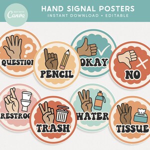 Classroom Hand Signals Poster Display, Editable in Canva, Retro Groovy ...
