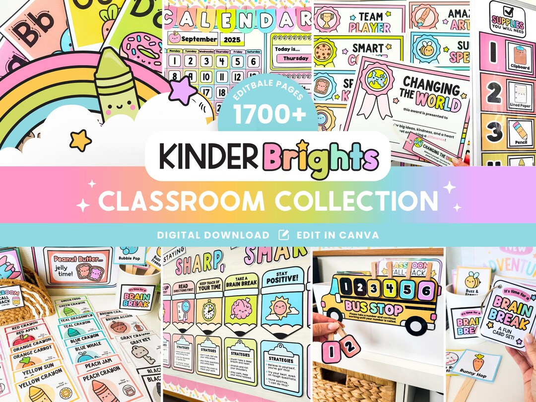 Editable Classroom Kinder Brights Printable Bundle, Canva Classroom ...