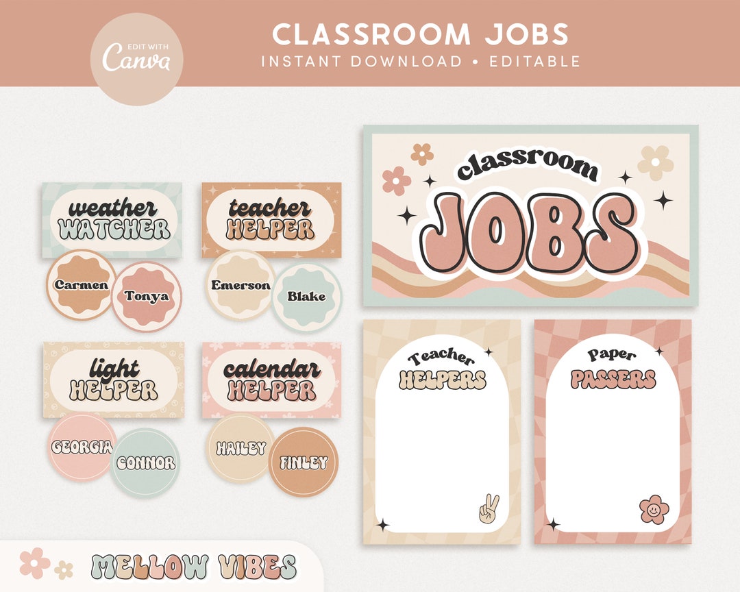 Classroom Job Display, Editable Retro Canva Templates, Pastel Groovy ...