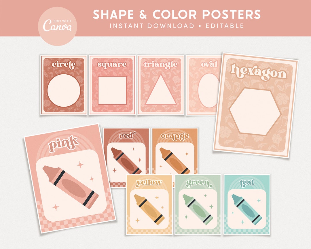 Classroom Shapes and Colors Printable Display, Editable in Canva, Pink ...