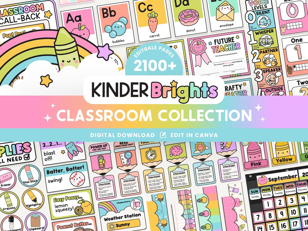 Editable Classroom Kinder Brights Printable Bundle, Canva Templates ...