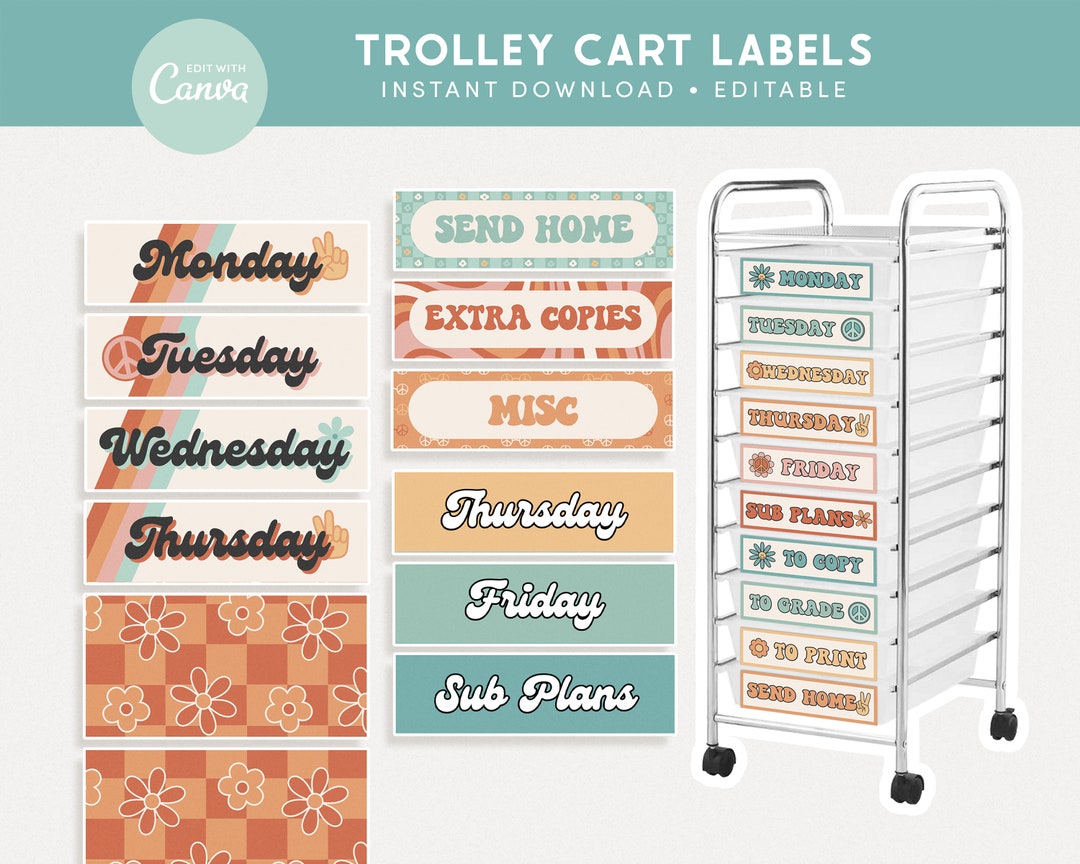 Classroom Rolling Trolley Cart Labels, Groovy Editable Teacher Drawer ...