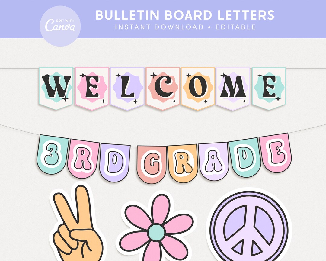 Classroom Bulletin Board Letters, Editable in Canva, Groovy Pastel ...