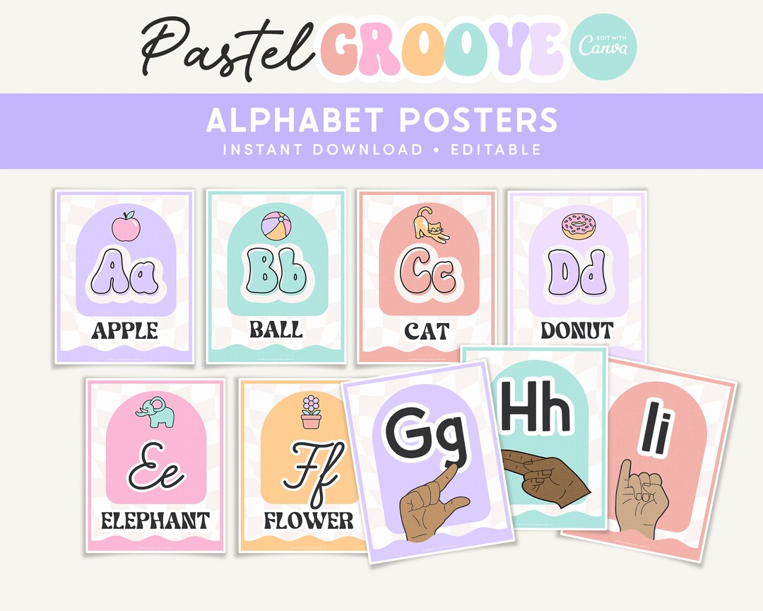 Alphabet Classroom Editable Posters, ASL Letter Templates, Retro Groovy ...