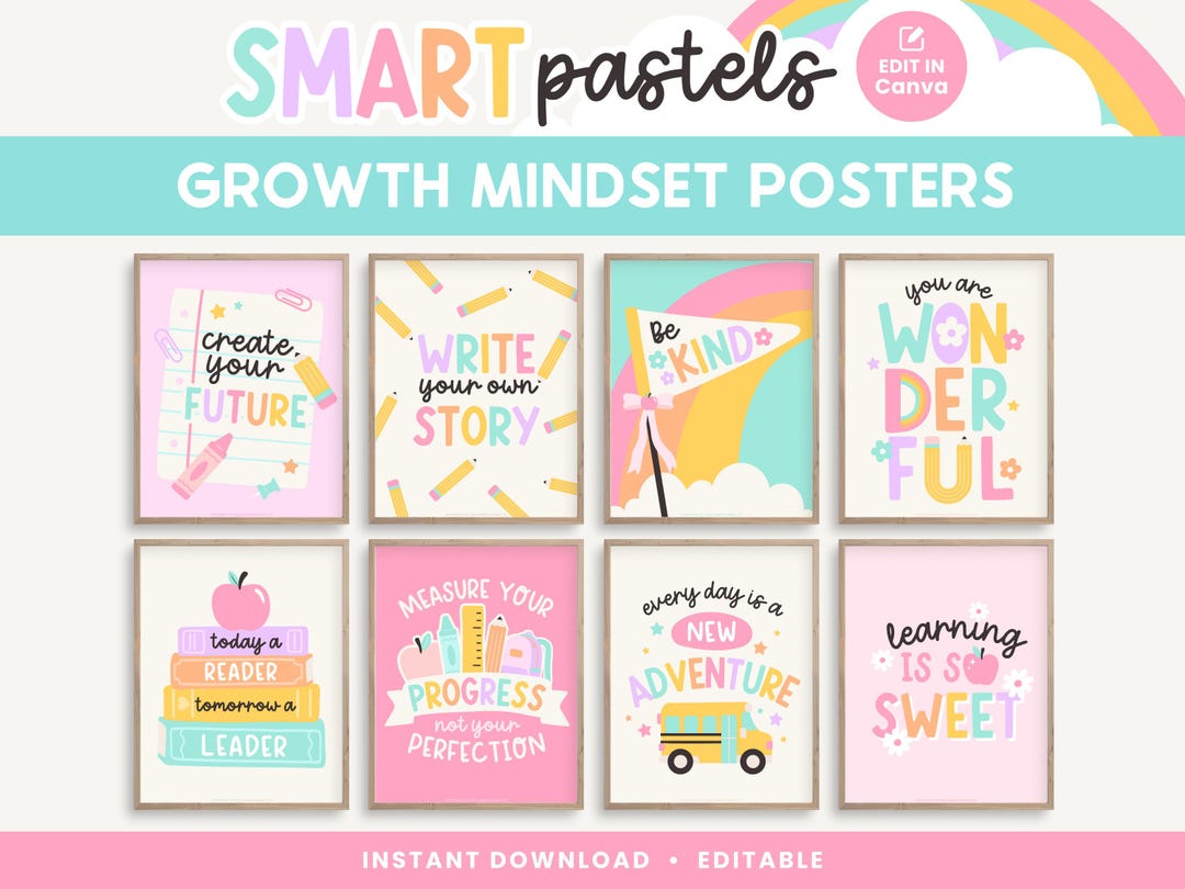Growth Mindset Editable Classroom Printable Posters, Bright Pastel ...