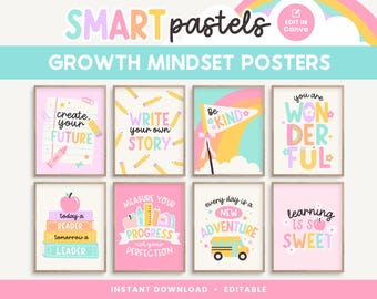 Growth Mindset Editable Classroom Printable Posters, Bright Rainbow ...