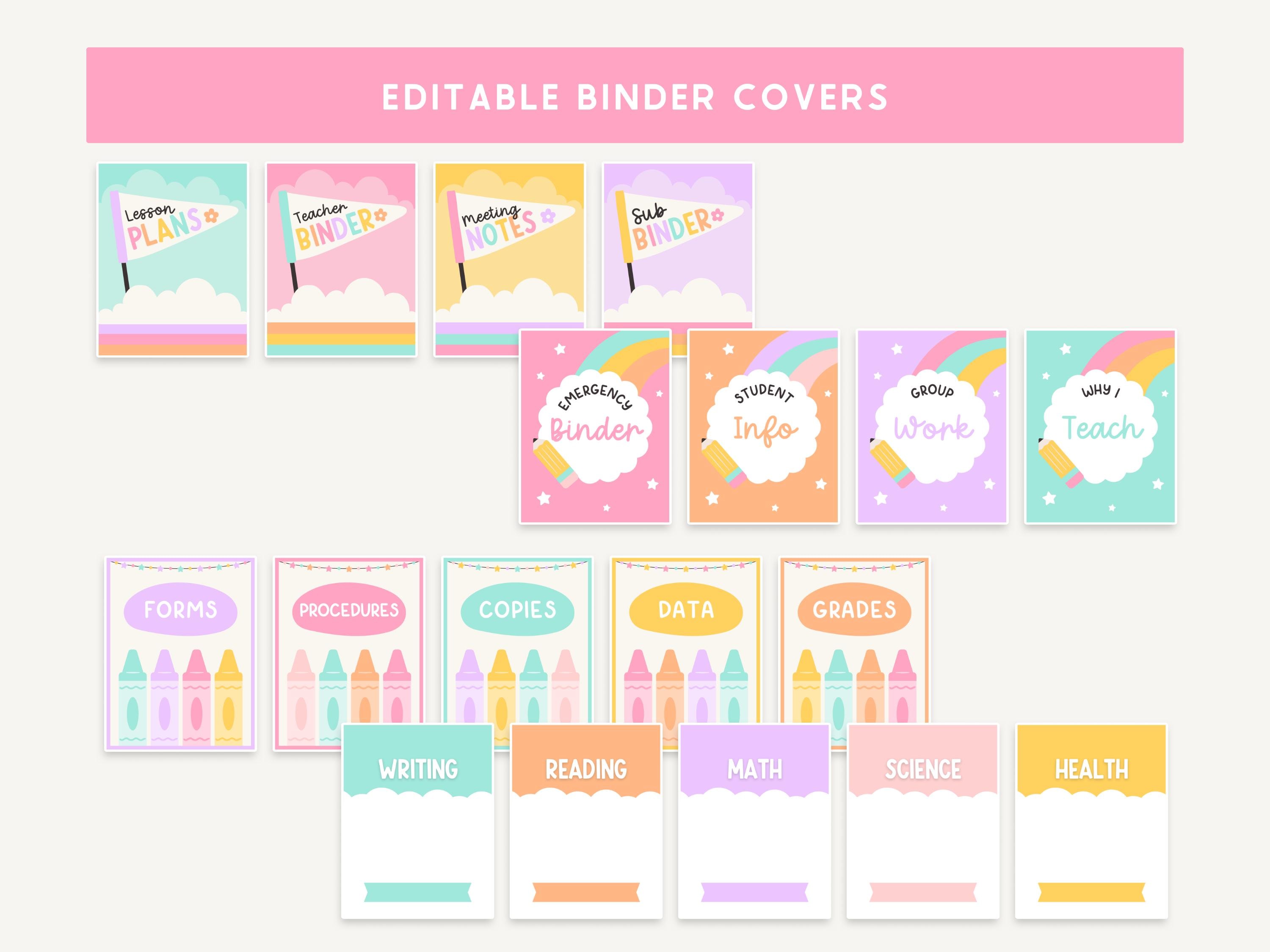 Classroom Binder Covers and Spines, Editable Pastel Rainbow Teacher ...