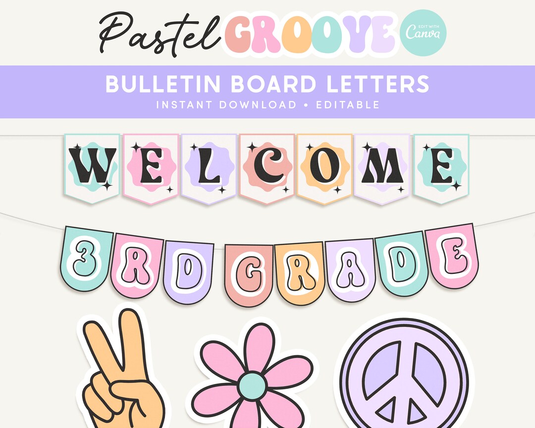 Classroom Bulletin Board Letters, Editable in Canva, Groovy Pastel ...
