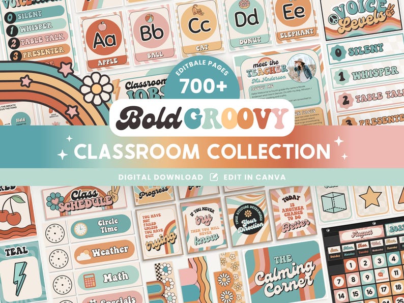 Editable Classroom Groovy Retro Complete Collection Printable Bundle ...