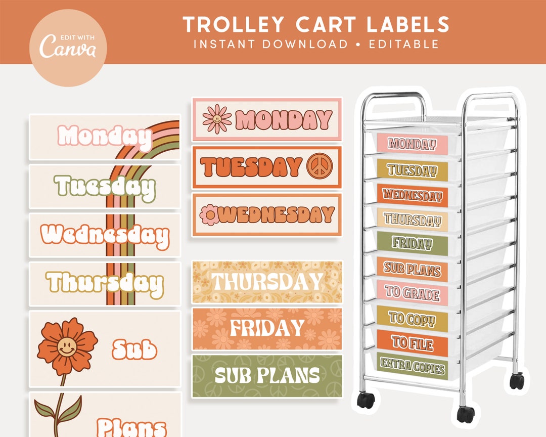 Classroom Rolling Trolley Cart Labels Groovy Editable Teacher - Etsy