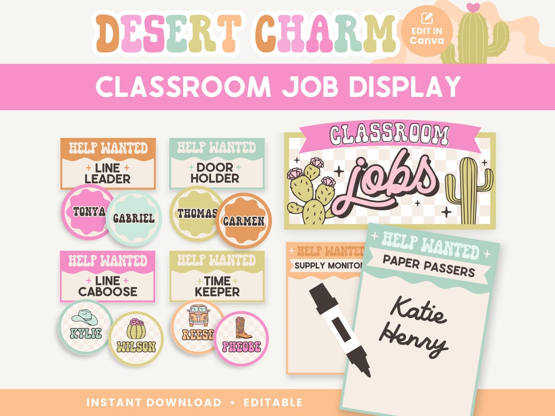 Classroom Job Display, Editable Retro Canva Templates, Bright Desert ...