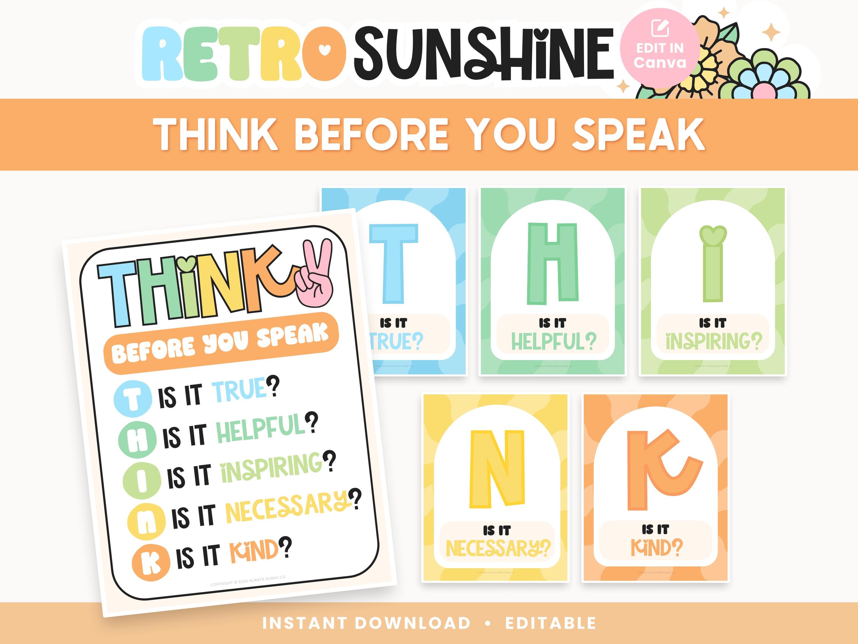 Retro Sunshine THINK Before You Speak Poster Set | Editable Canva SEL ...